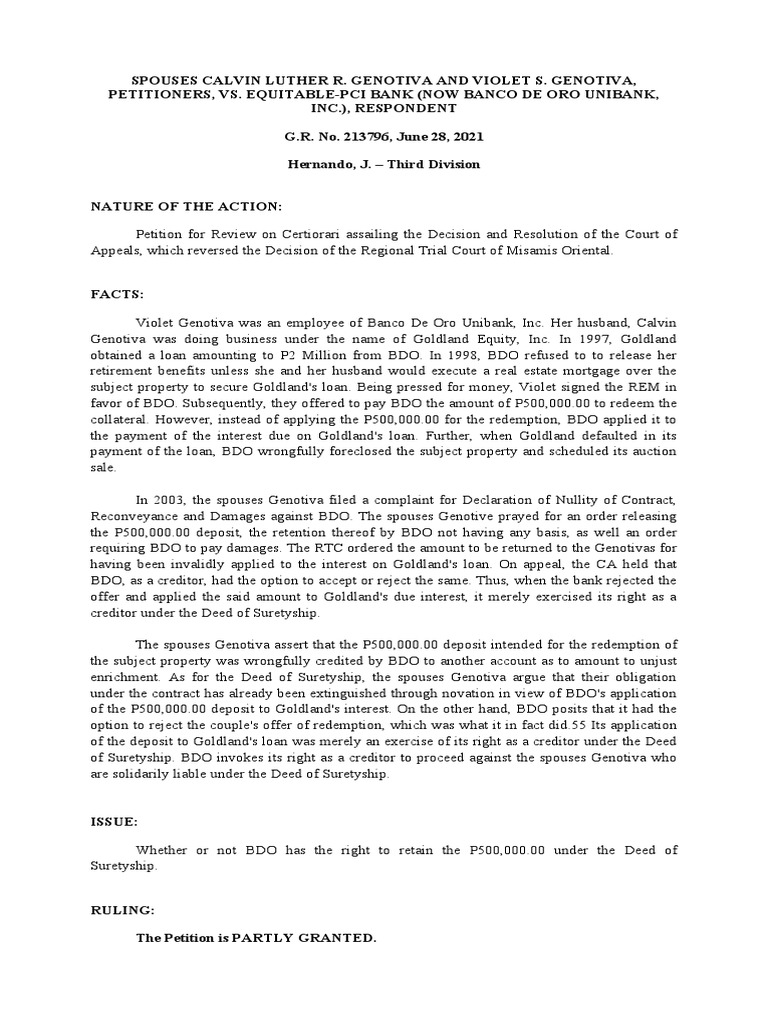 Sps. Genotiva v. Equitable-Pci Bank - Obligations | PDF | Surety | Loans