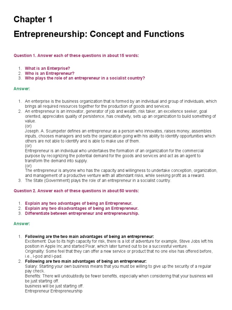 Entrepreneurship: Concept and Functions: Answer | PDF ...