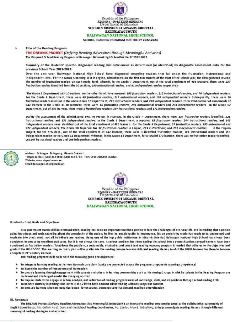 Reading Program 2022-2023 | PDF | Learning | Literacy