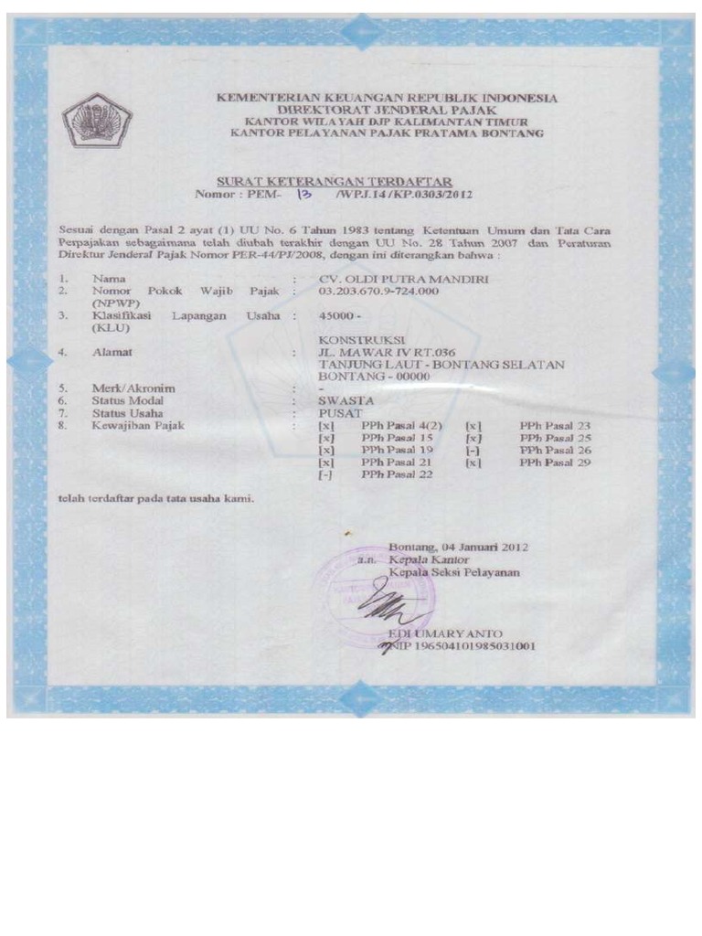 SKT Pajak CV. Oldi Putra Mandiri | PDF