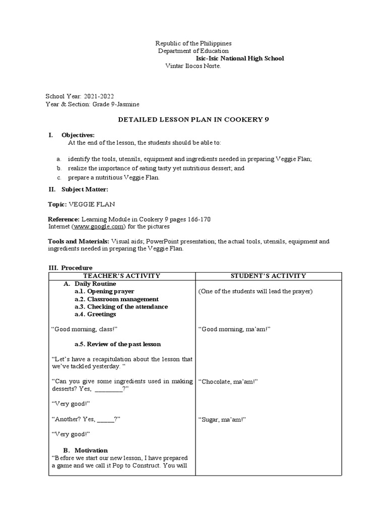 Detailed Lesson Plan in Cookery 9 | PDF | Lesson Plan | Desserts