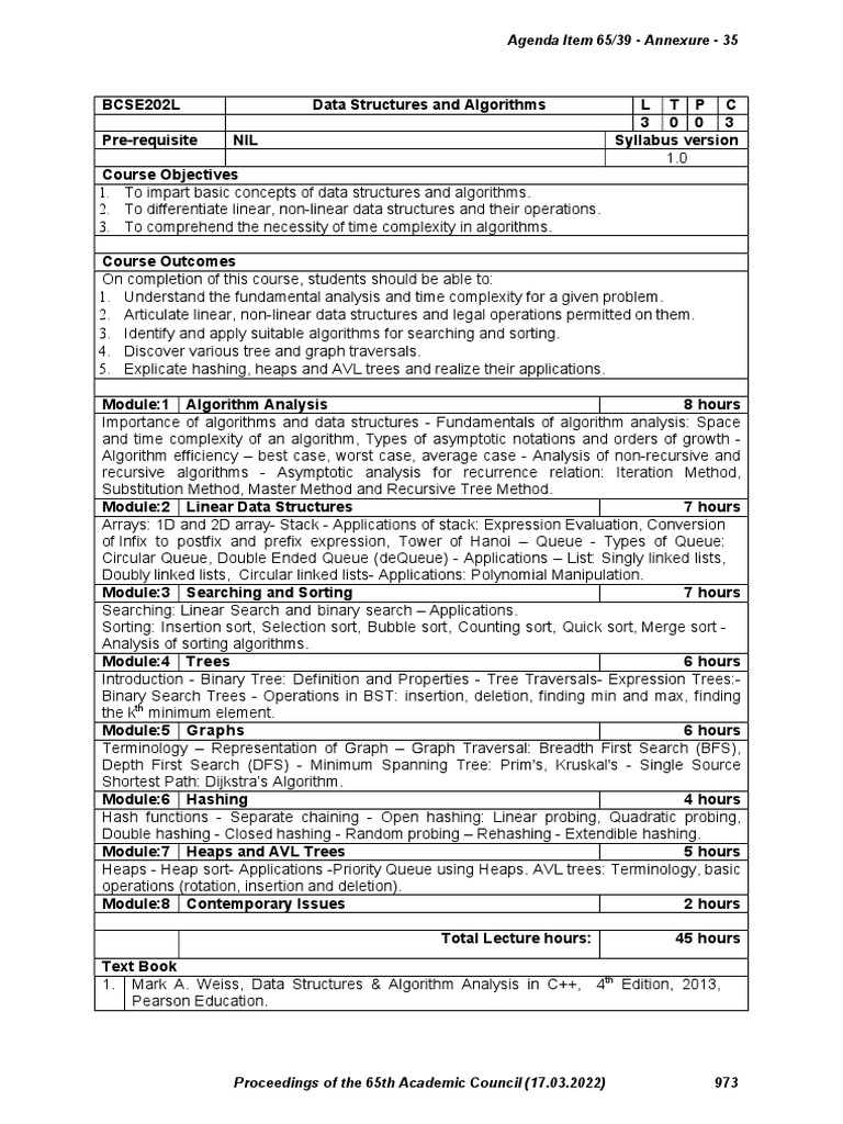 Bcse202l Data Structures And Algorithms Th 10 70 Bcse202l Pdf Time Complexity Computer