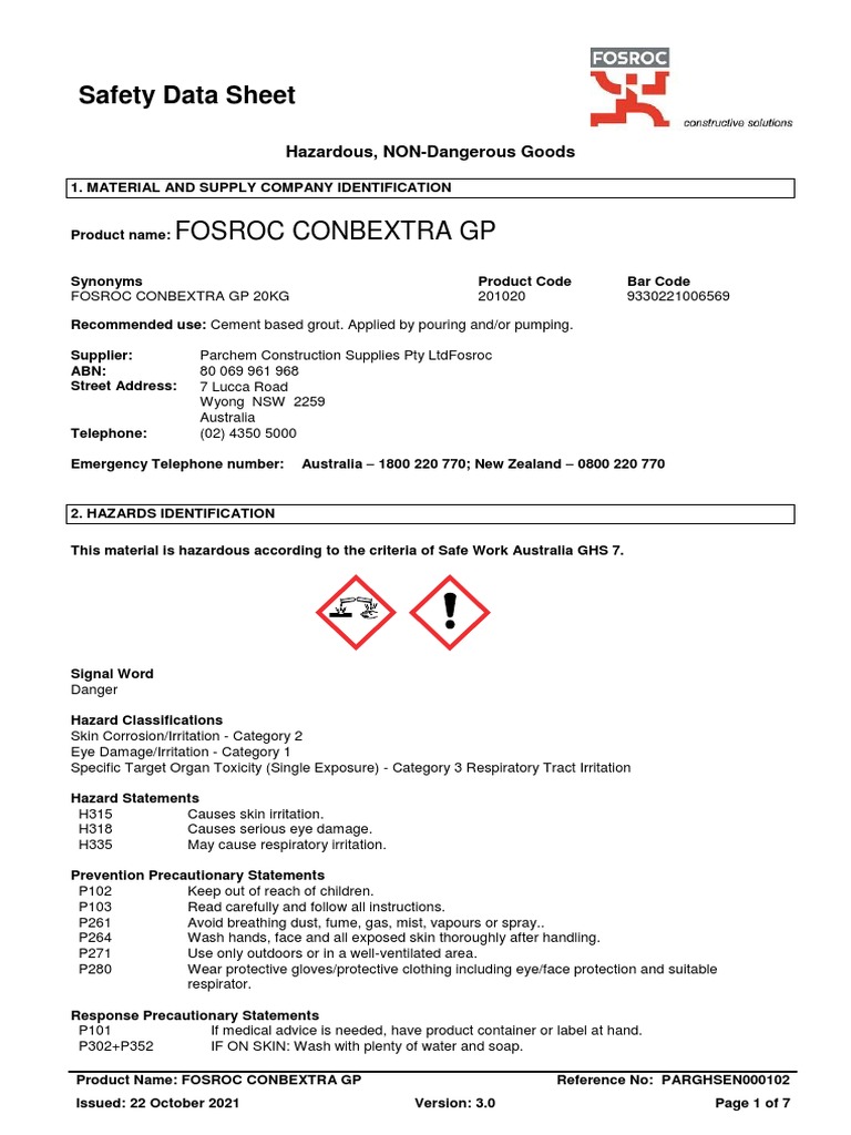 Safety Data Sheet for Fosroc Conbextra GP Cement-Based Grout: Hazards ...