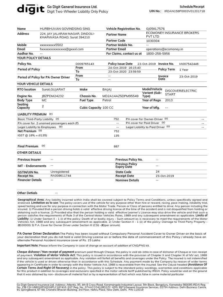 Digit Two-Wheeler Liability Only Policy | PDF | Insurance | Vehicles