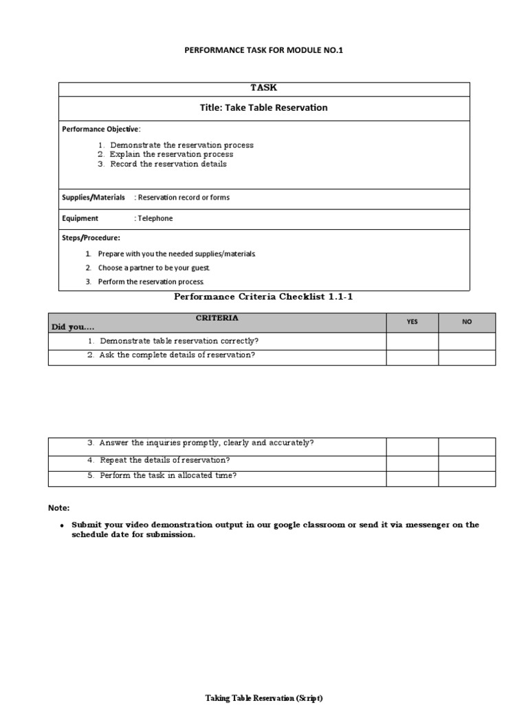Title: Take Table Reservation: Performance Task For Module No.1 | PDF