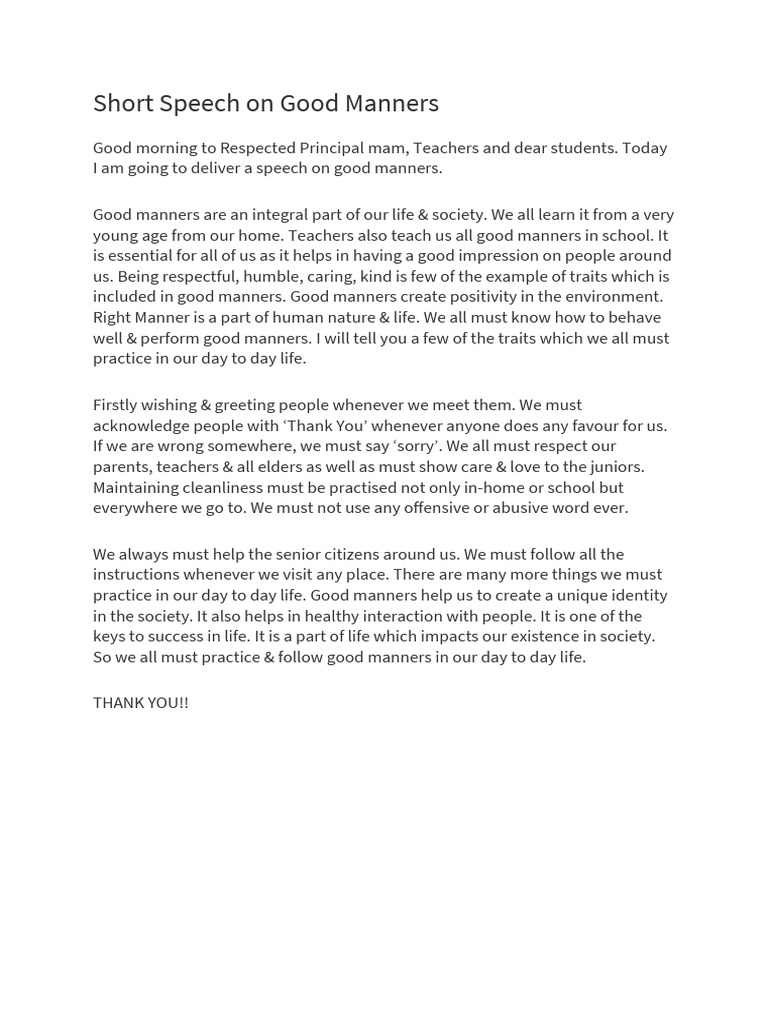 Short Speech On Good Manners | PDF
