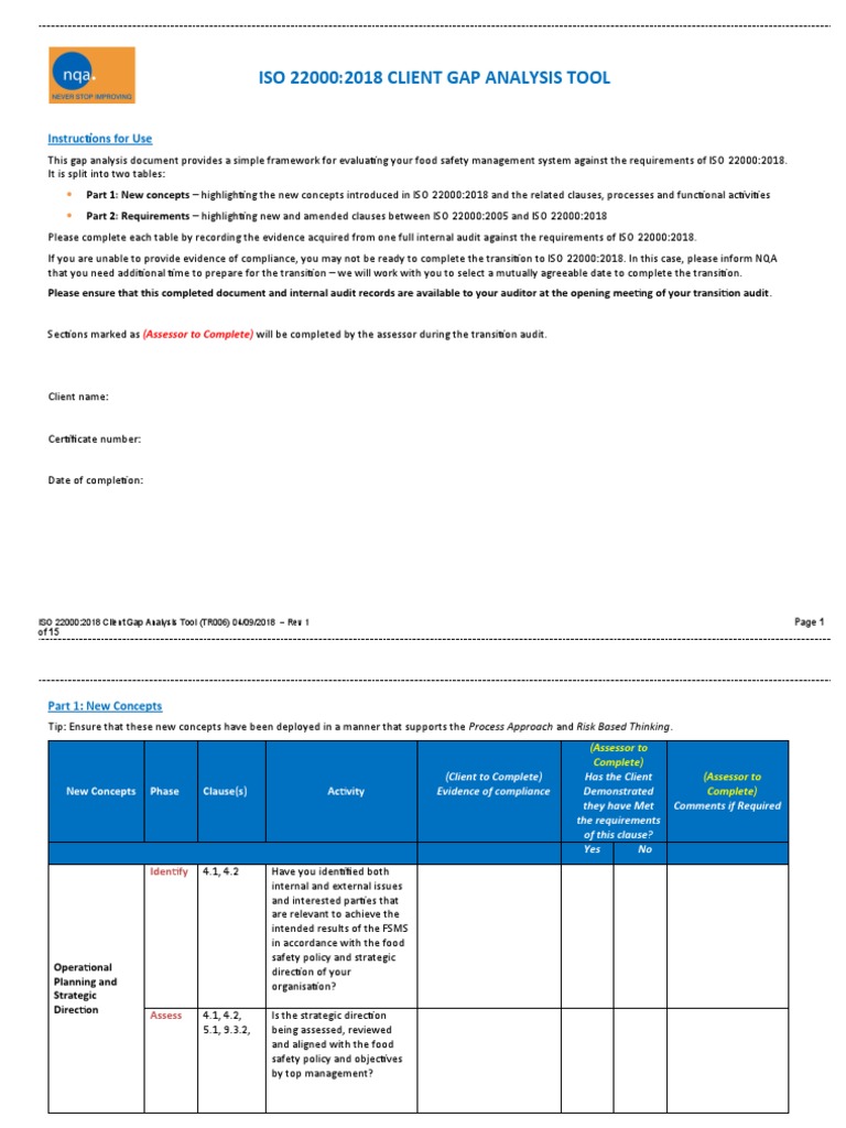 Iso 22000:2018 Client Gap Analysis Tool: Instructions For Use | PDF | Audit | Verification And ...