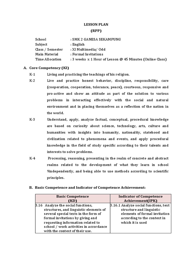 LESSON PLAN FORMAL INVITATION BY ESTI RAHAYU, S.Pd.I | PDF | Teachers ...