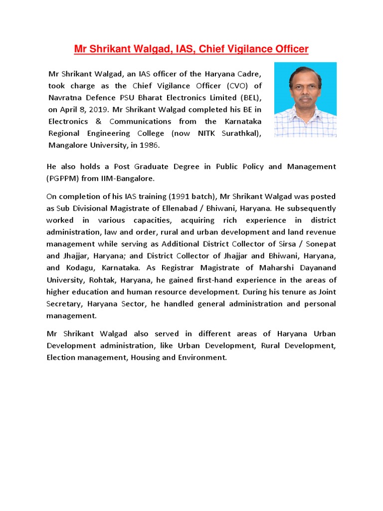 MR Shrikant Walgad, IAS, Chief Vigilance Officer | PDF