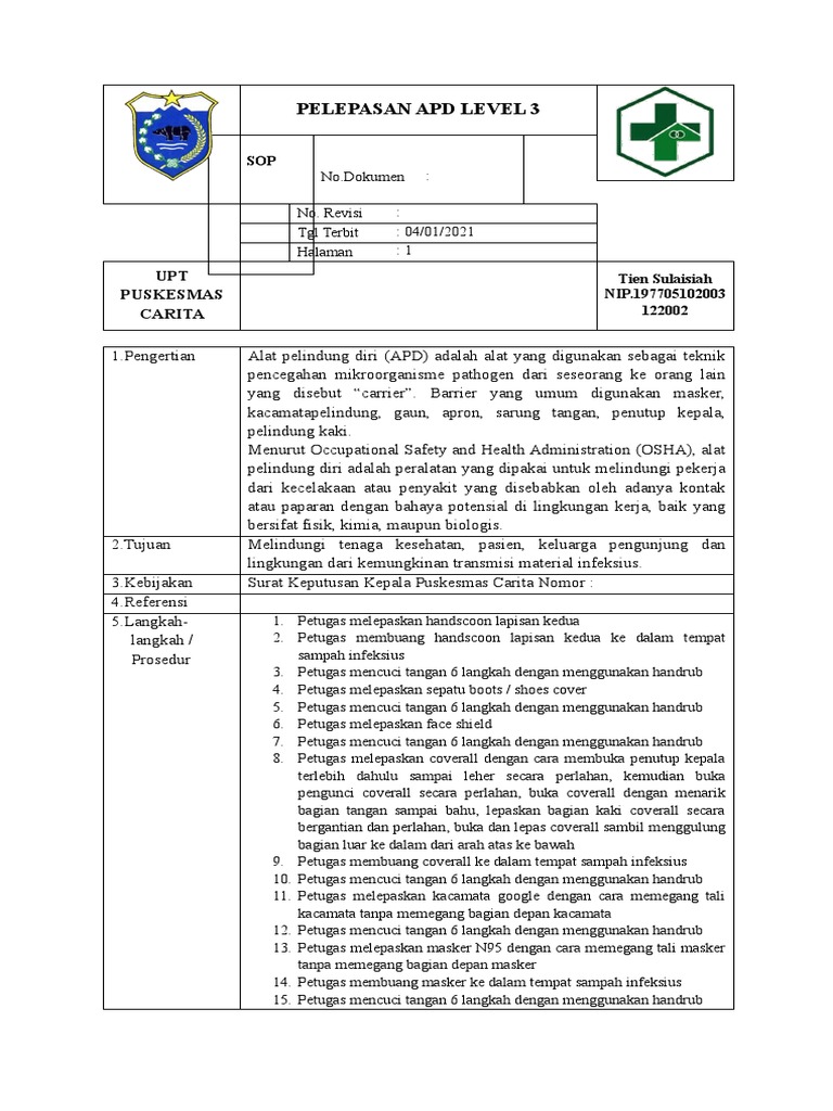 Sop Pelepasan Apd Level 3 | PDF