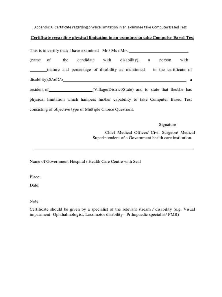 Appendix A Certificate For Physical Limitation For PWBD Candidate INI ...