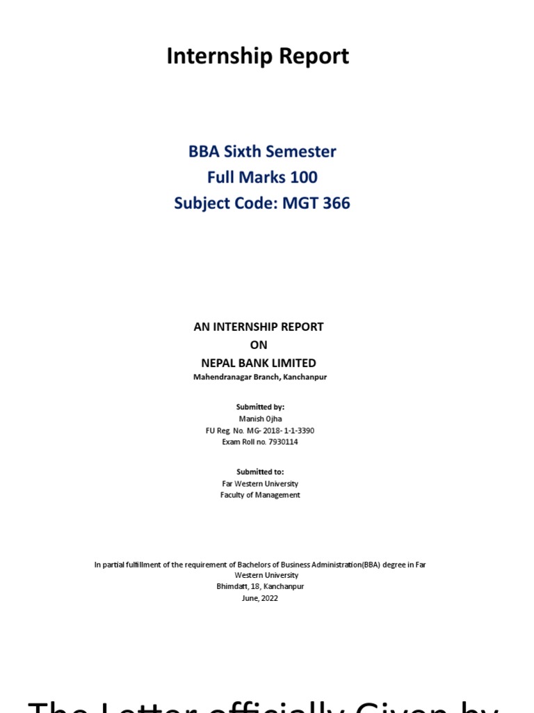 Internship Report: BBA Sixth Semester Full Marks 100 Subject Code: MGT ...