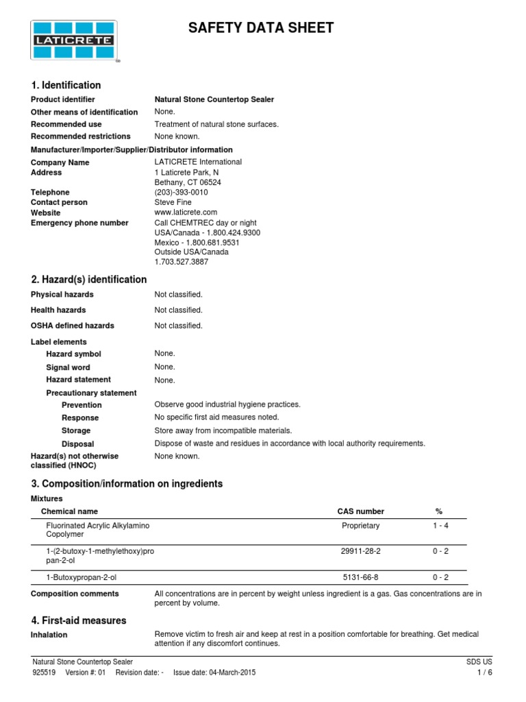 Natural Stone Countertop Sealer SDS - US English | PDF | Dangerous ...