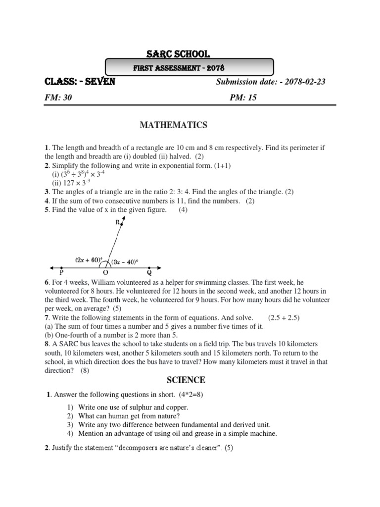 SARC School Class: - Seven: Submission Date: - 2078-02-23 FM: 30 PM: 15 ...