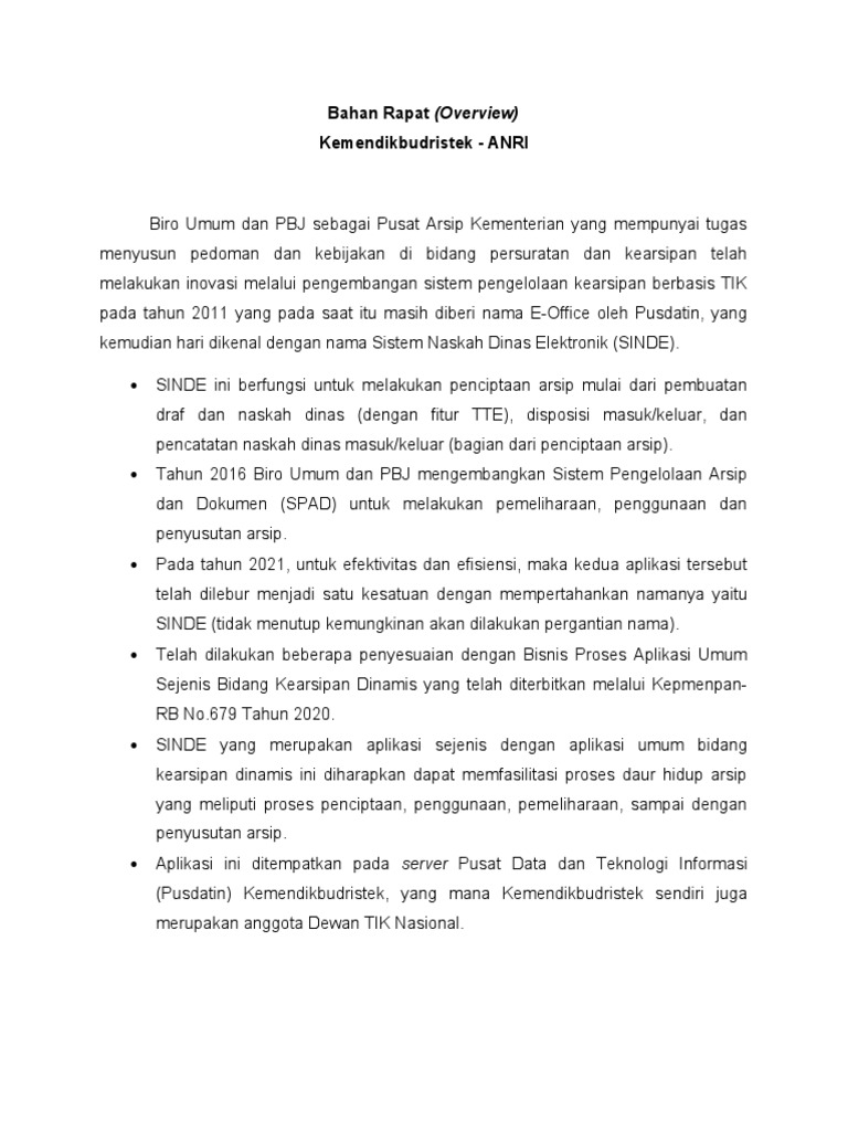 Bahan Rapat - Overview SINDE | PDF
