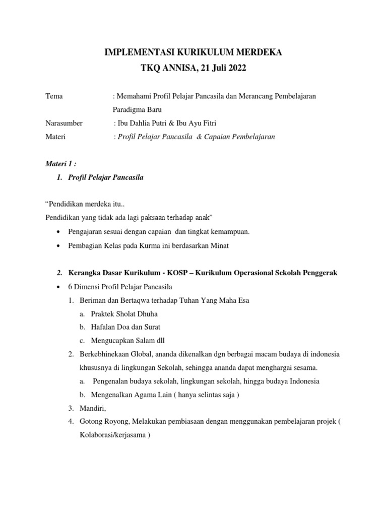 Catatan Implementasi Kurikulum Merdeka | PDF