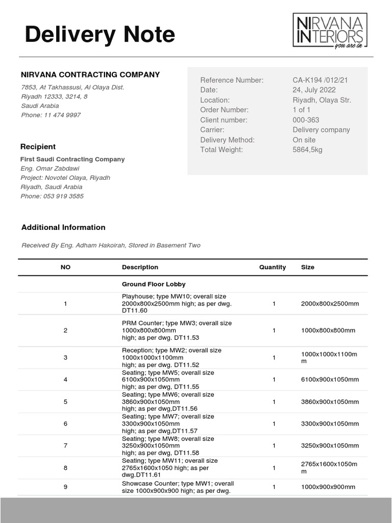 Delivery Note: Nirvana Contracting Company | PDF | Buildings And Structures