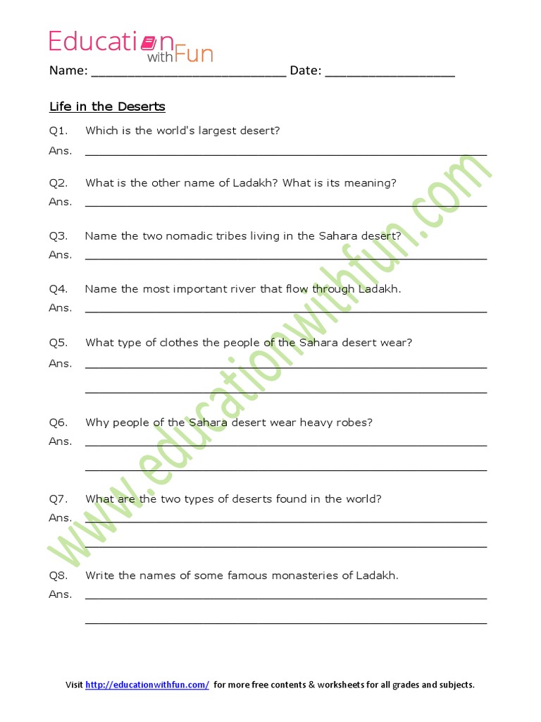 Life in The Deserts Worksheet 2 | PDF | Desert | Geomorphology
