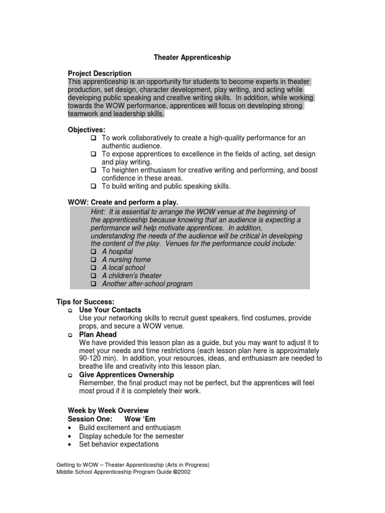 Theater, Overview and Lesson Plans | PDF | Apprenticeship | Actor