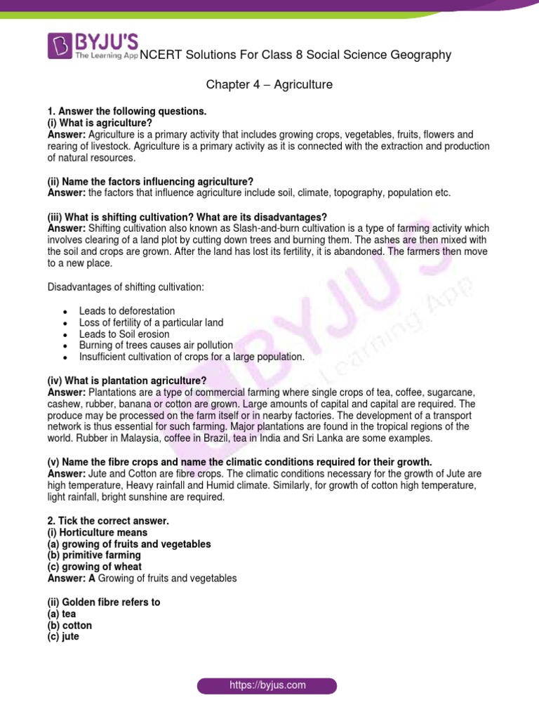 NCERT Solutions For Class 8 Geography Chapter 4 Agriculture | PDF ...