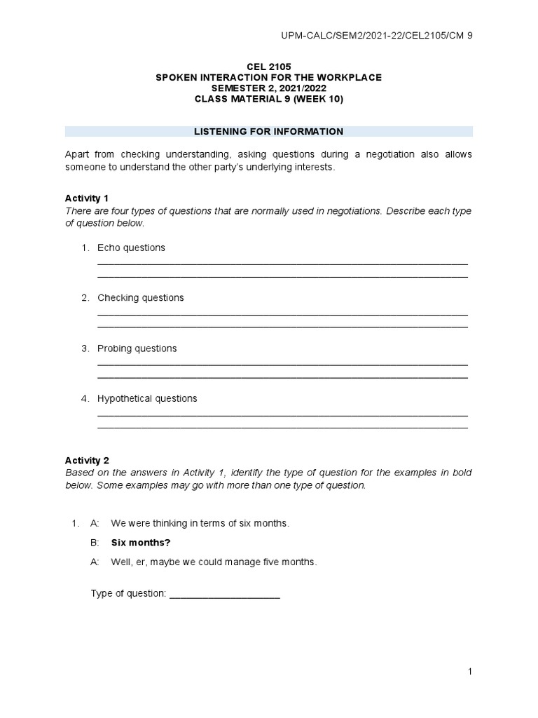 CEL2105 Class Material 9 SEM 2-2021-2022 | PDF | Question | Negotiation
