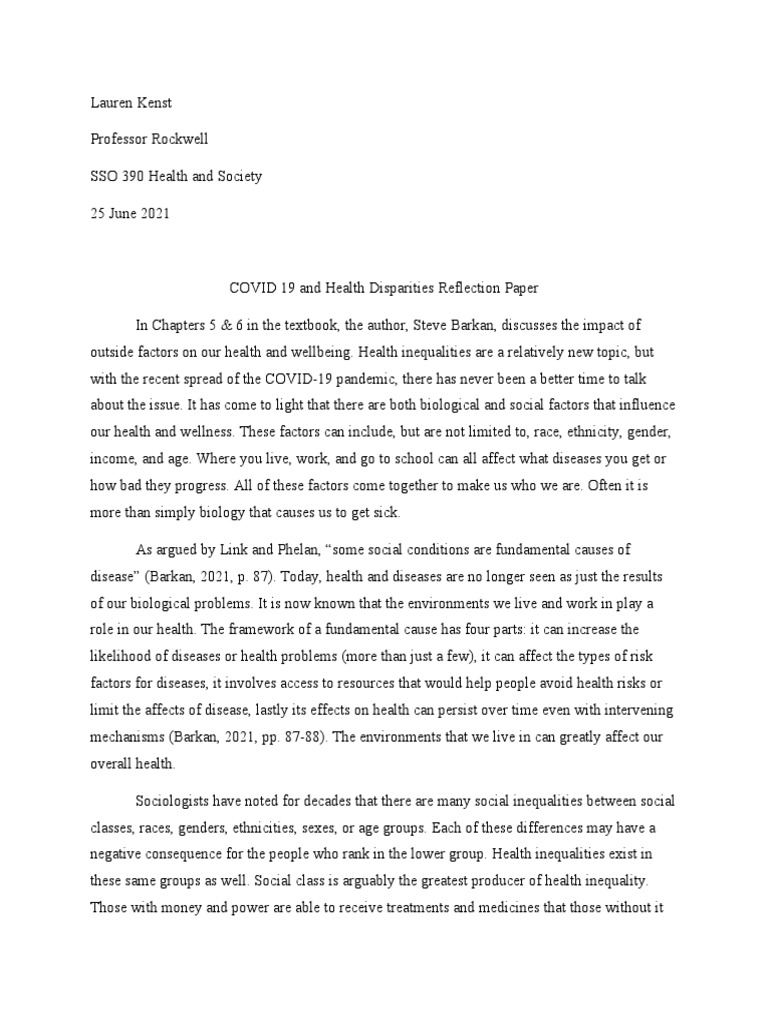 Sso 390 Health Disparities Reflection Paper | PDF