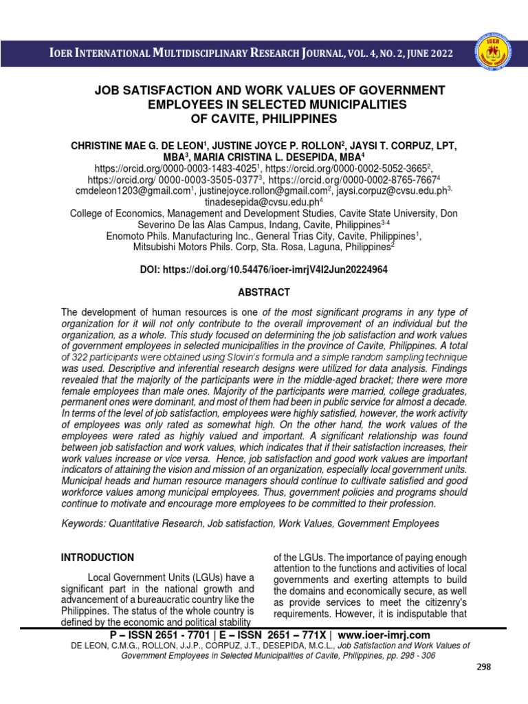 Job Satisfaction and Work Values of Government Employees in Selected ...