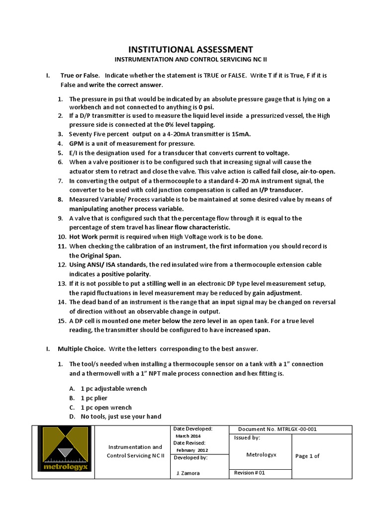 Institutional Assessment NC II | PDF | Instrumentation | Thermocouple