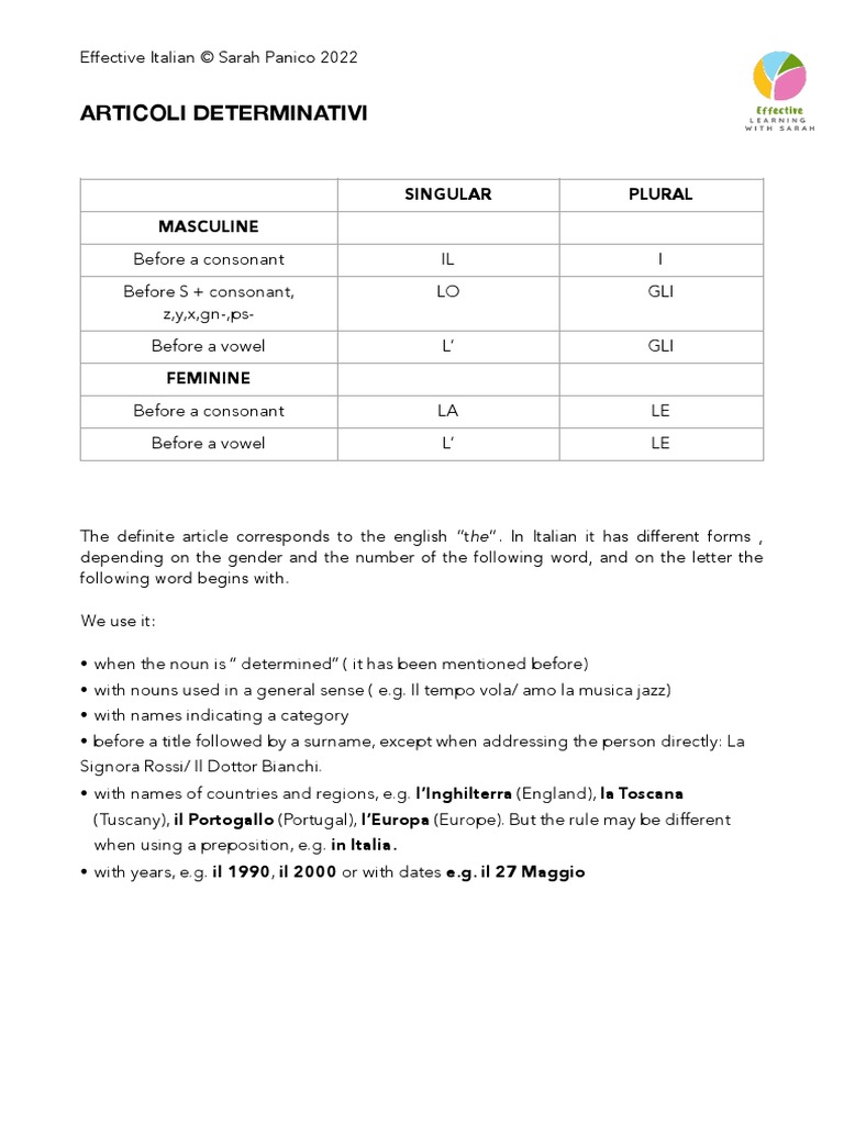 Articoli determinativi e indeterminativi | PDF | Grammatical Gender ...