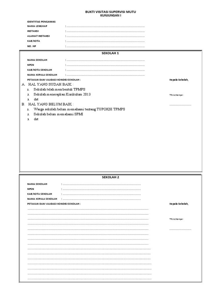 Contoh Mengisi Lembar Visitasi Supervisi Mutu | PDF