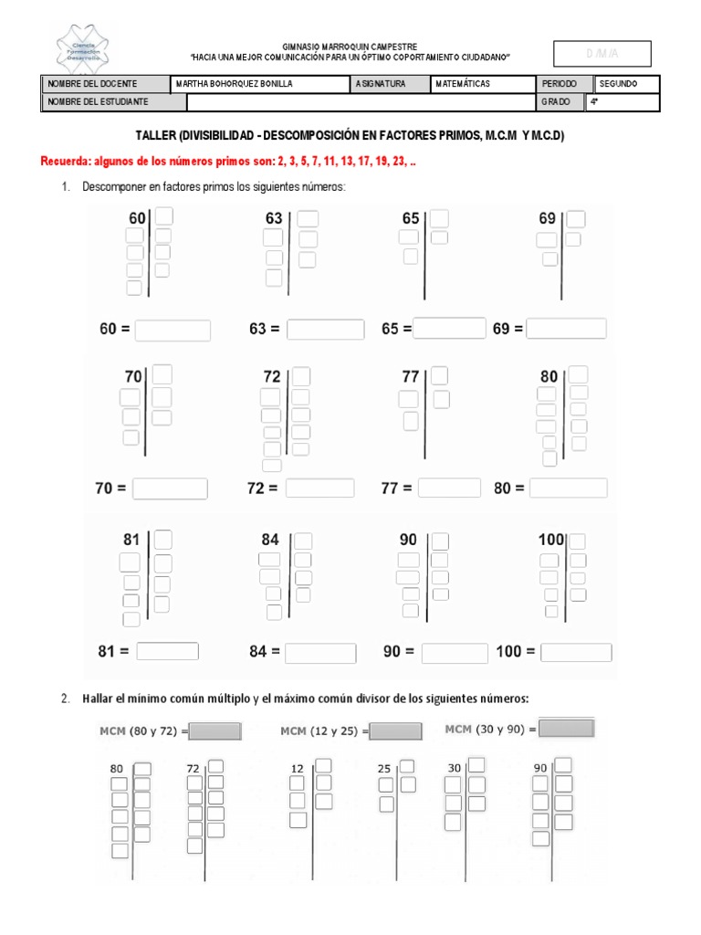 Taller - Divisibilidad - Descomposicion en Factores Primos - M.C.M y M ...