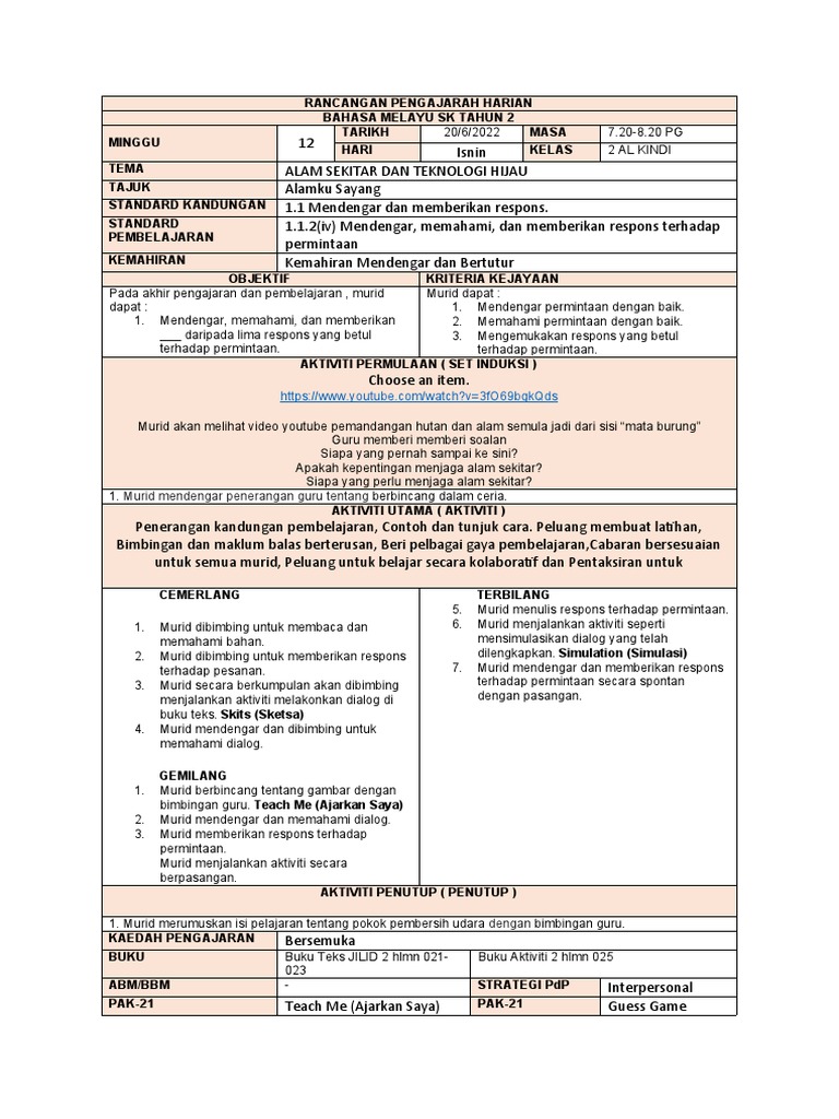 "RPH BM Tahun 2: Alamku Sayang" | PDF