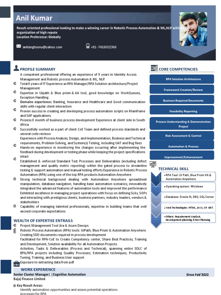 Anil Kumar: Profile Summary Core Competencies | PDF | Automation | Databases