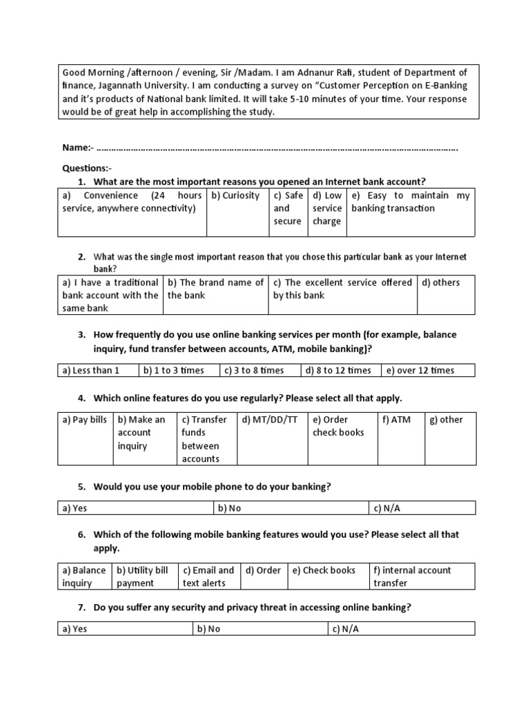 Questionnaire For Data Collection | PDF | Online Banking | Banks & Banking