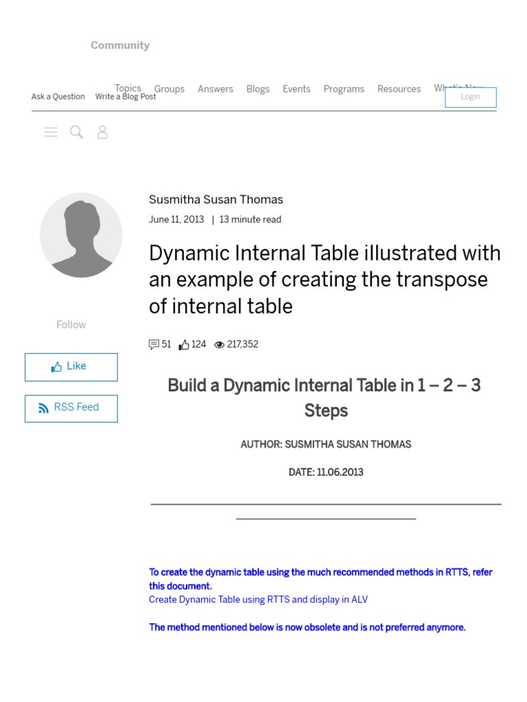 Dynamic Internal Table IIlustrated With an Example of Creating the Transpose of Internal Table ...