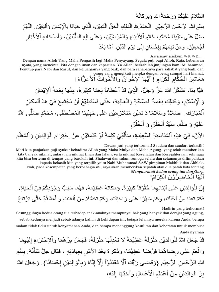 TEKS PIDATO BAHASA ARAB Menghormati Orang Tua Dan Guru Terjemahan | PDF