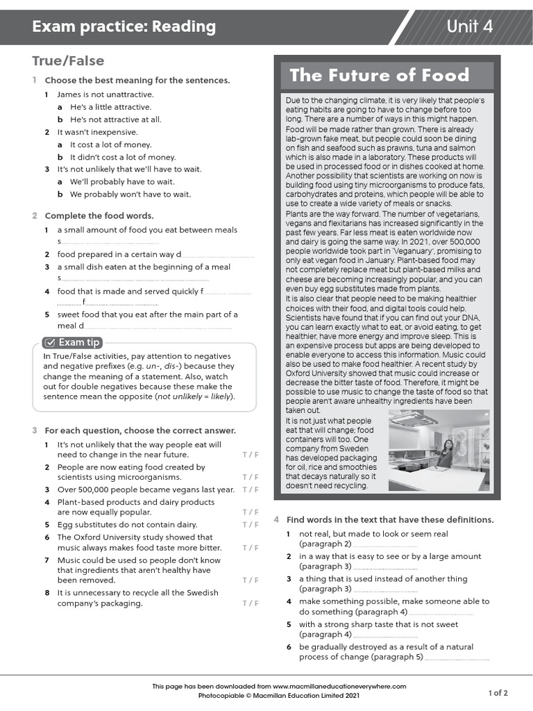 The Future of Food: Exam Practice: Reading | PDF | Foods | Meal