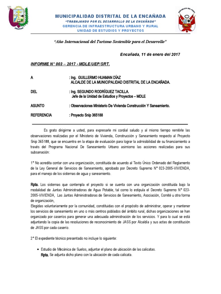 Informe 03 - Levantamiento de Observaciones Proyecto Snip 365188 | PDF