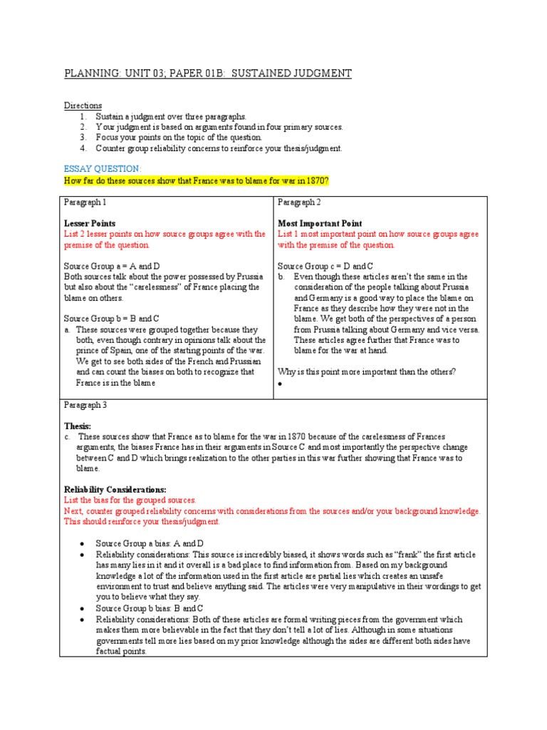 Planning: Unit 03 Paper 01B: Sustained Judgment: Essay Question | PDF ...