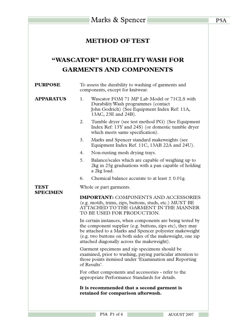 M&S Durability Wash Test Method | PDF | Materials | Nature