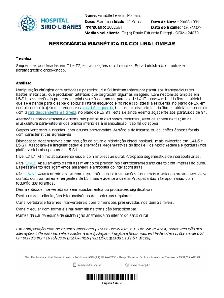 Exame Laudo 1658186826505 | PDF | Coluna vertebral | Sistema Locomotor