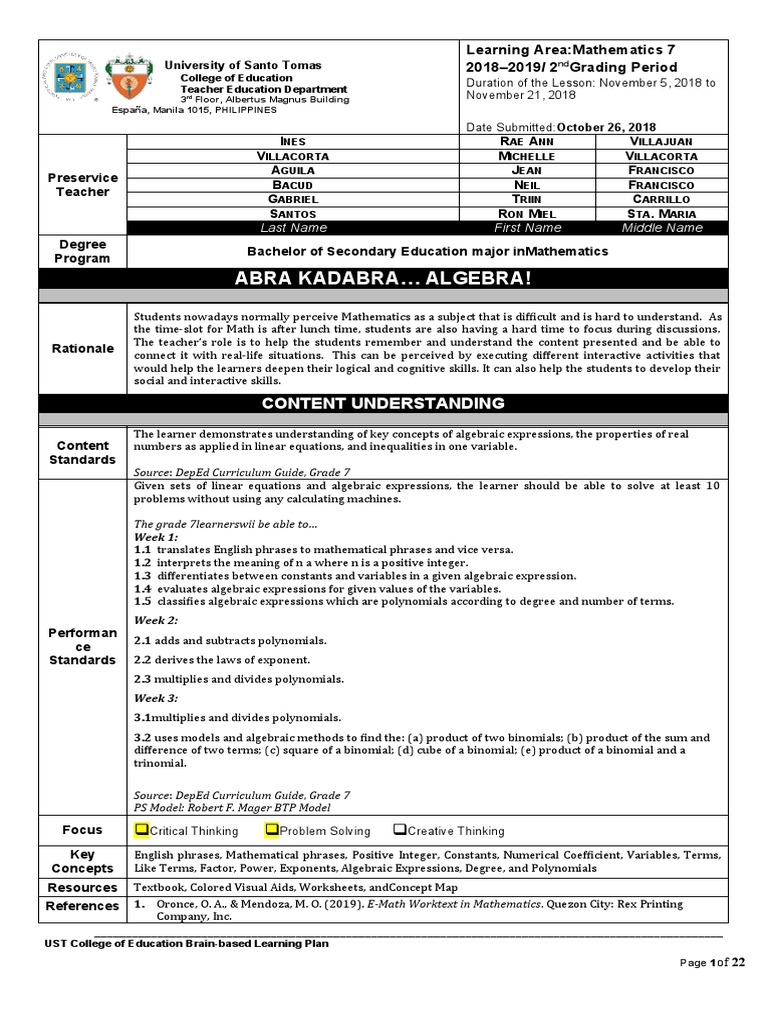 Grade 7 Algebra Lesson Plan | PDF | Polynomial | Factorization