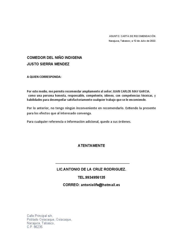 CARTA DE RECOMENDACION | PDF