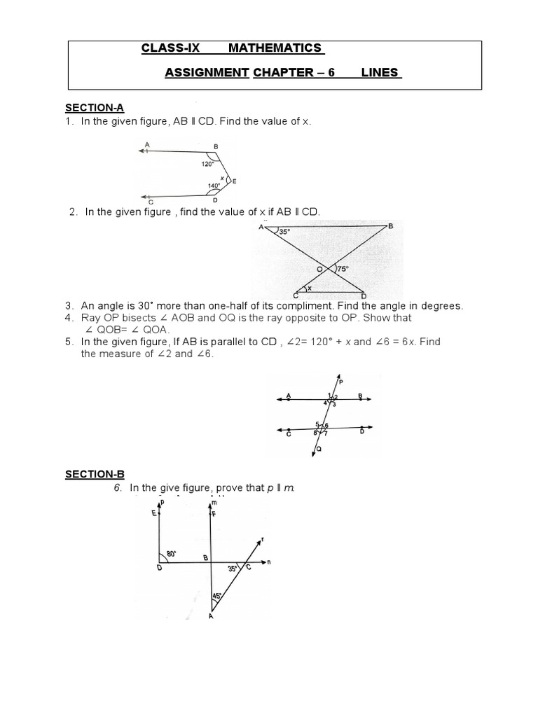 Class-Ix Mathematics Assignment Chapter - 6 Lines AND Angles | PDF | Angle | Triangle Geometry
