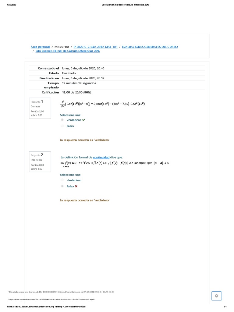 2do Examen Parcial de CA Lculo Diferencial 20 PDF | PDF | Derivado | Metrología