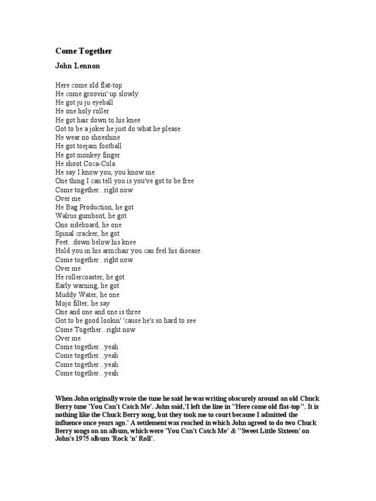 Come Together (Lyrics) | PDF | Mystery, Thriller & Crime Fiction | Poetry