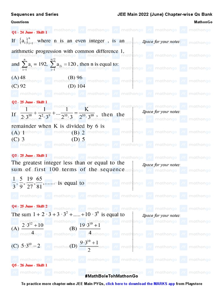 Sequences and Series - JEE Main 2022 Chapter Wise Questions by MathonGo ...