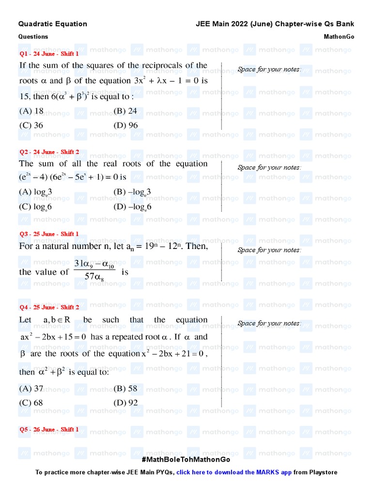 Quadratic Equation - JEE Main 2022 Chapter Wise Questions by MathonGo ...