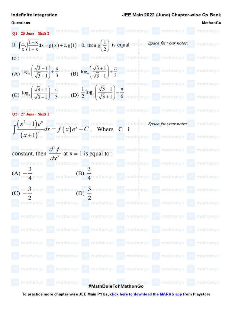 Indefinite Integration - JEE Main 2022 Chapter Wise Questions by MathonGo | PDF