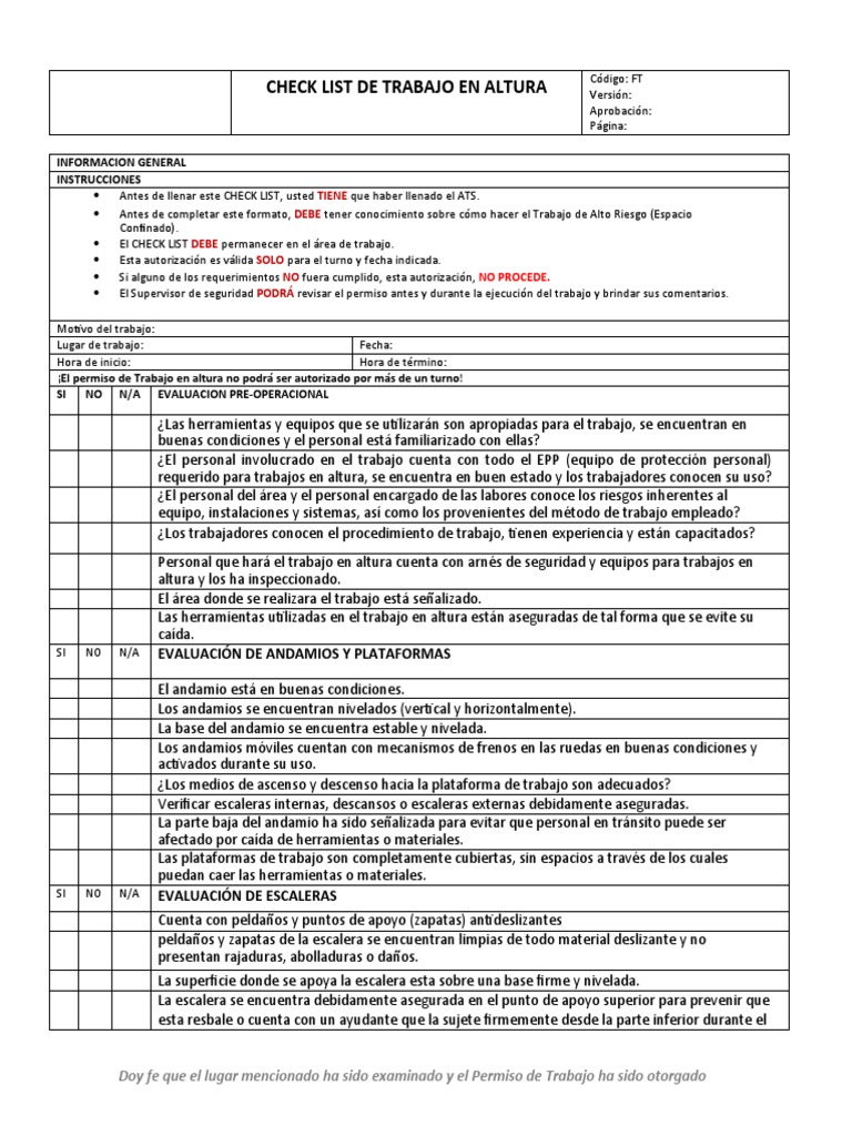 FT - Formato de Checklist de Trabajo en Altura | PDF